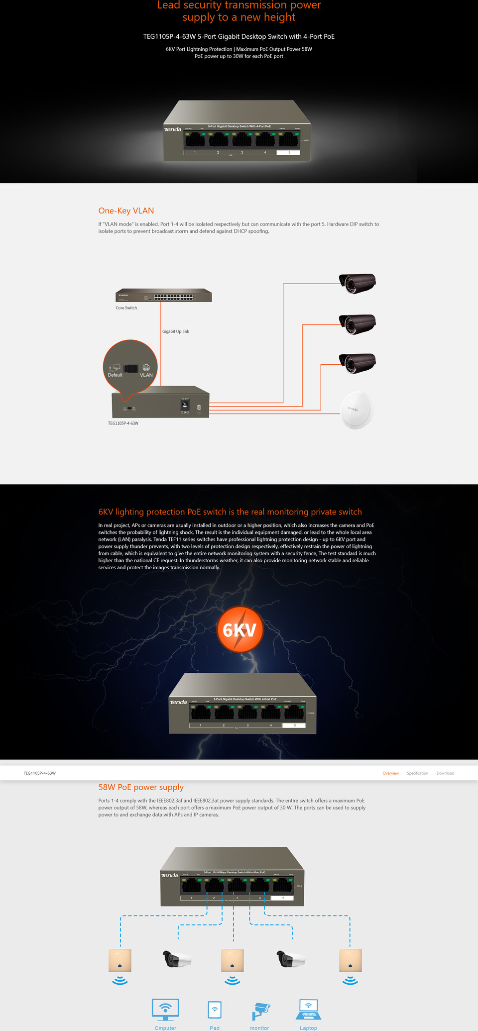 5 Port Tenda TEG1105P-4-63W Gigabit Network Switch With 4-Port Power ...