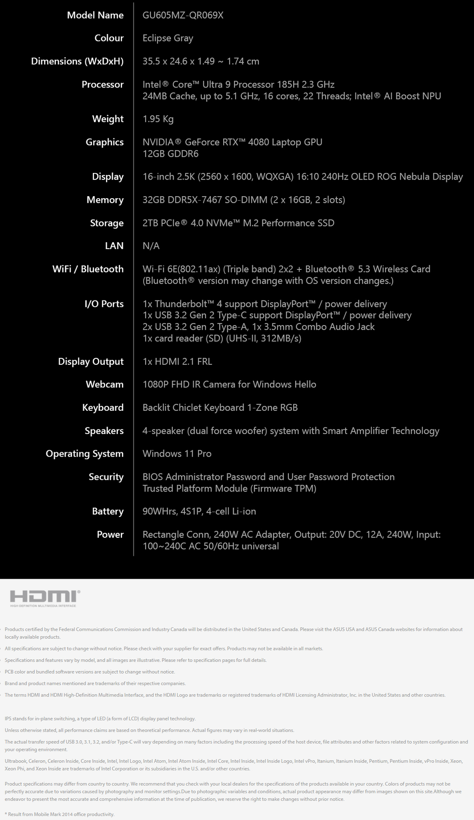 ASUS ROG GU605MZ-QR069X Zephyrus G16 16" Core Ultra 9 Laptop Win 11 | CA