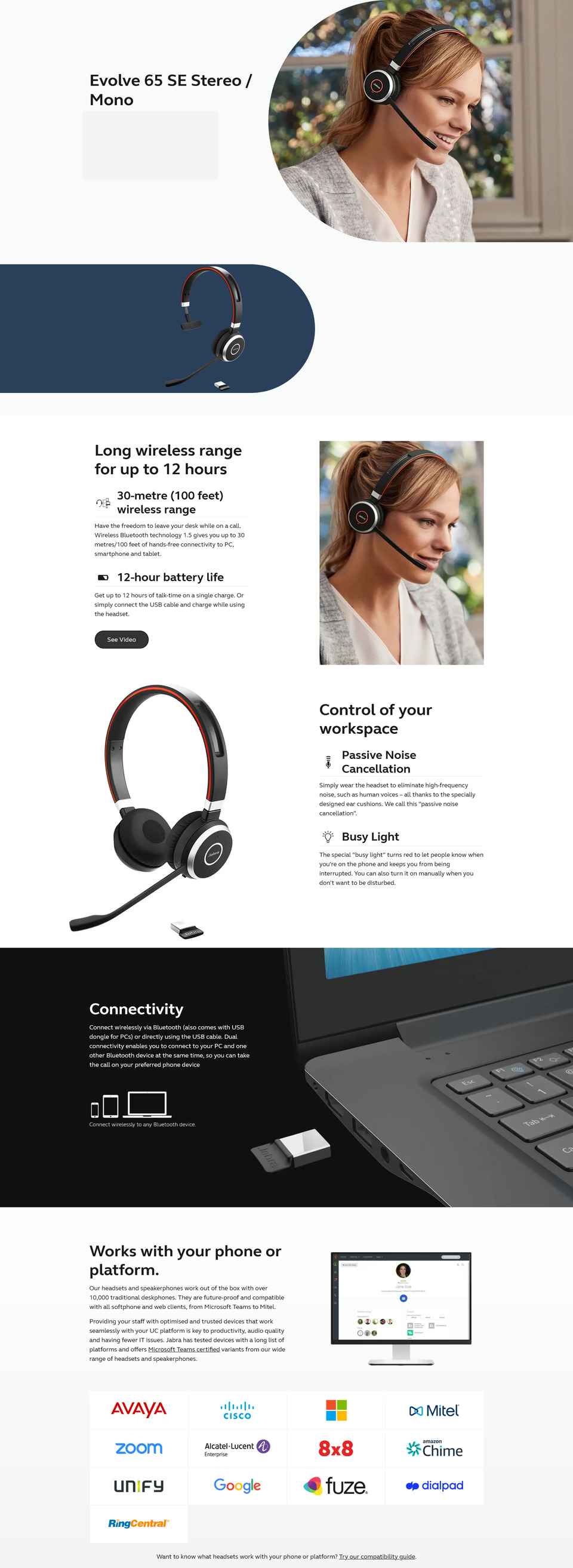 Jabra Evolve 65 SE MS Stereo Wireless Bluetooth Headset 6599-833-309 | CA