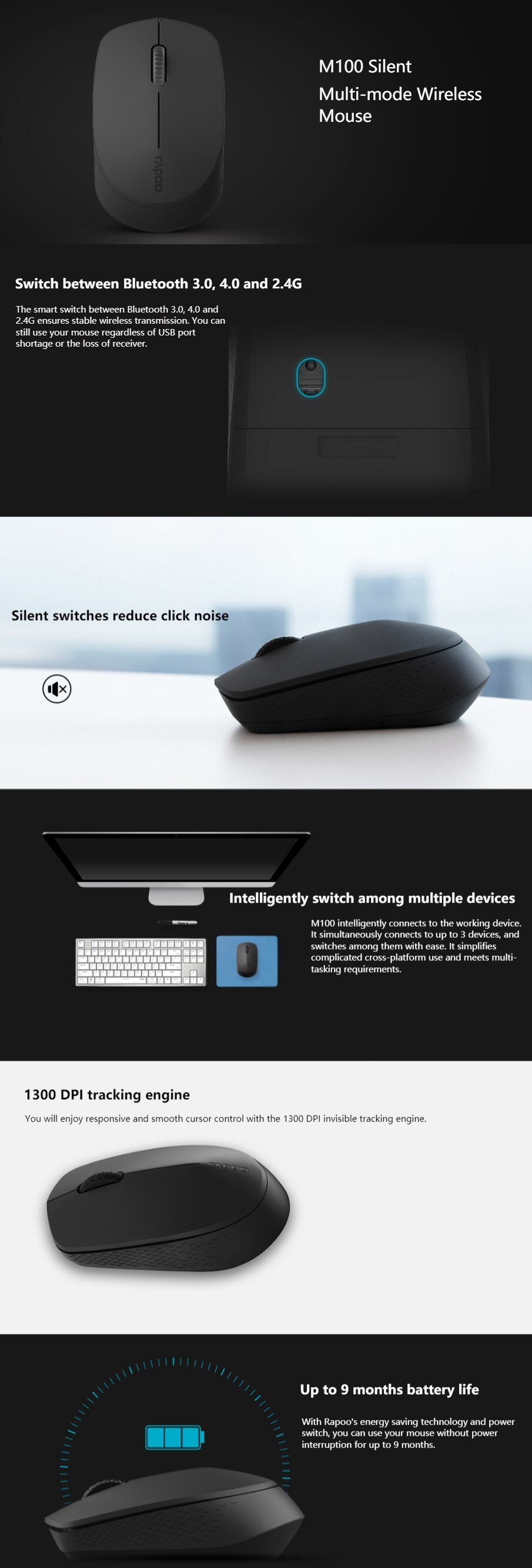 Rapoo M100 2.4GHz & Bluetooth Wireless Mouse Blue M100-Blue | CA