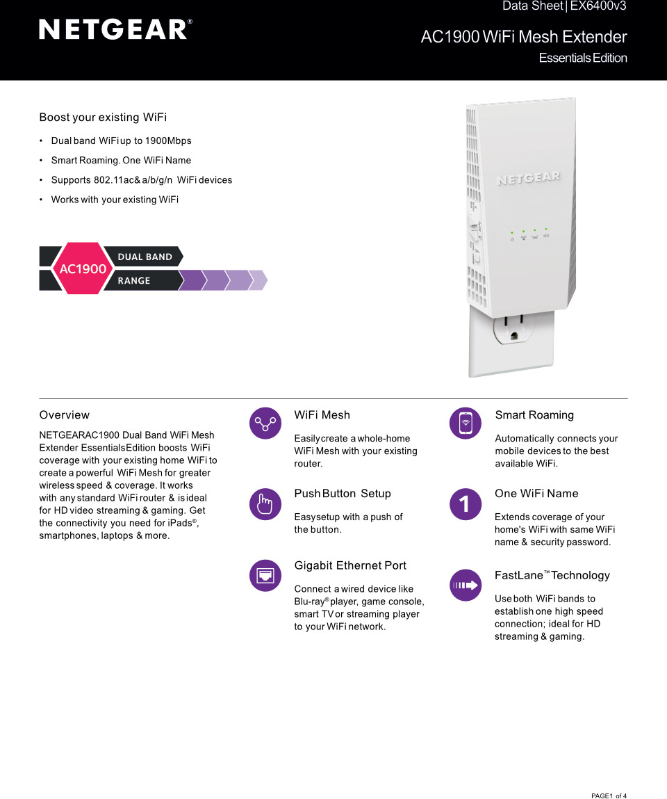 Netgear EX6400-100AUS Dual Band Wireless-AC1900 Range Extender | CA