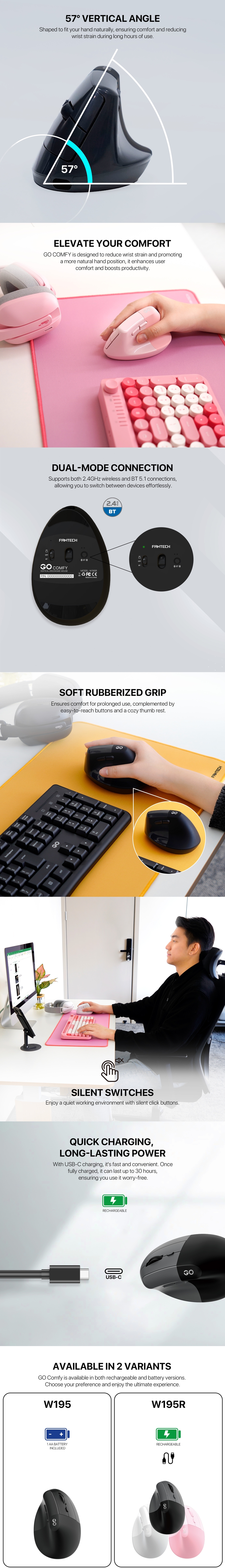 Fantech GO Comfy W195R Vertical Ergonomic Rechargeable Wireless Mouse ...