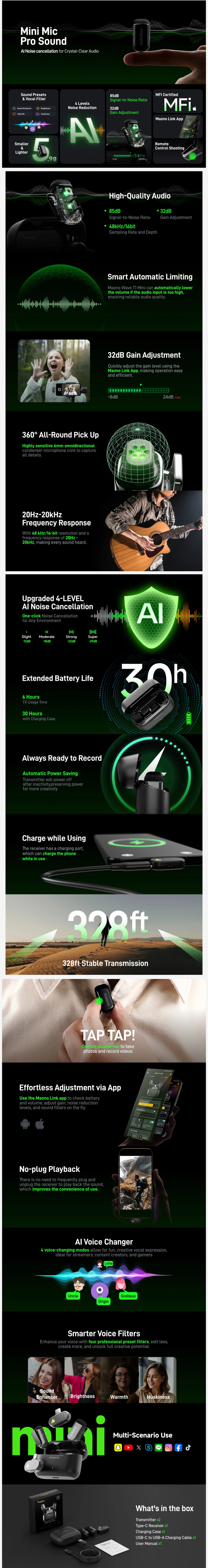 Maono WAVE T1 MINI Wireless Microphone 2 Pack with USB-C and Lightning | CA