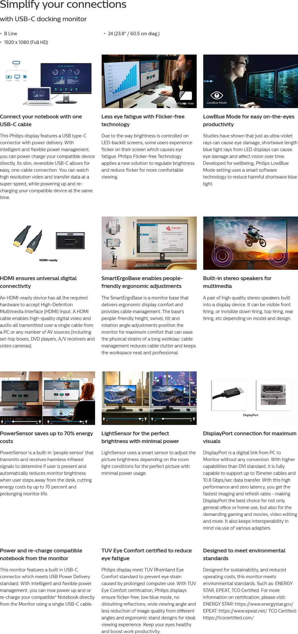 24" Philips 243B1 IPS FHD Slim Bezel USB-C Docking Monitor | CA