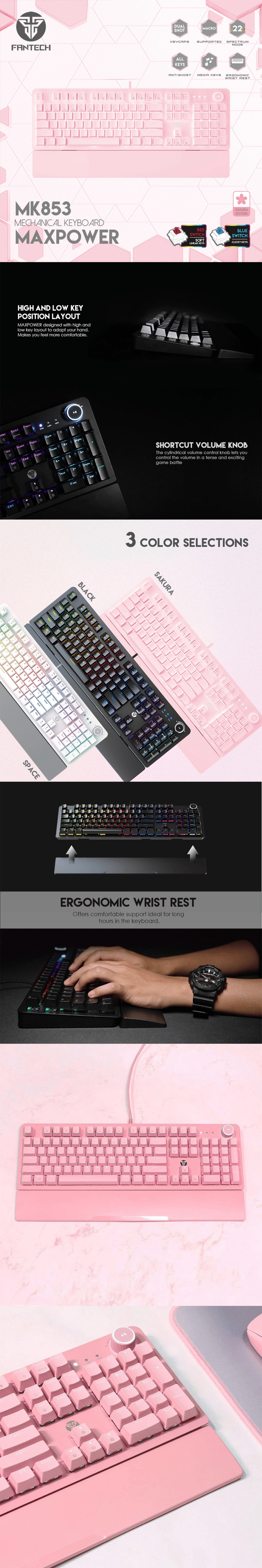 Fantech RGB Clicky-Blue Mechanical Gaming Keyboard with Wrist Rest Pink ...
