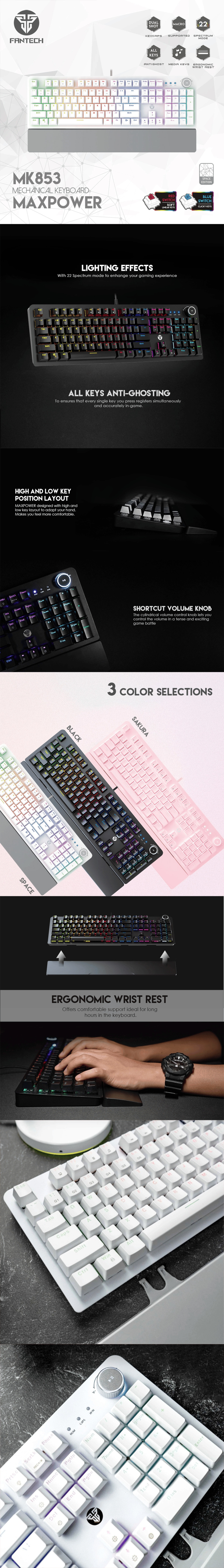 Fantech RGB Linear-Red Mechanical Gaming Keyboard with Wrist Rest White ...