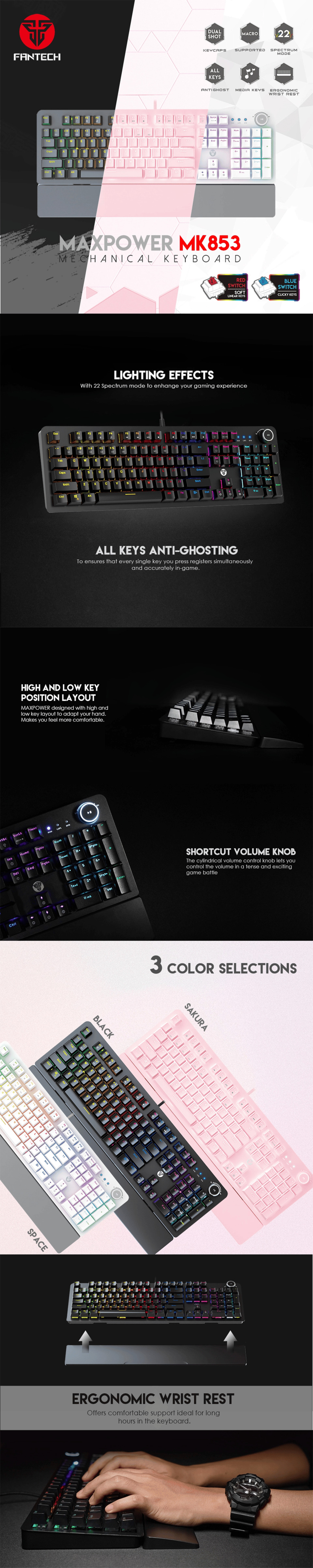 Fantech RGB Linear-Red Mechanical Gaming Keyboard with Wrist Rest Black ...