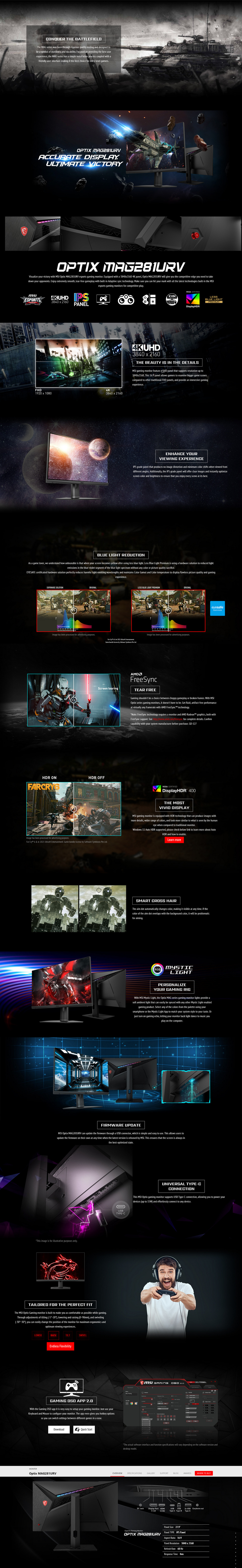 28" MSI MAG281URV IPS UHD 60Hz Gaming Monitor with Height Adjust | CA