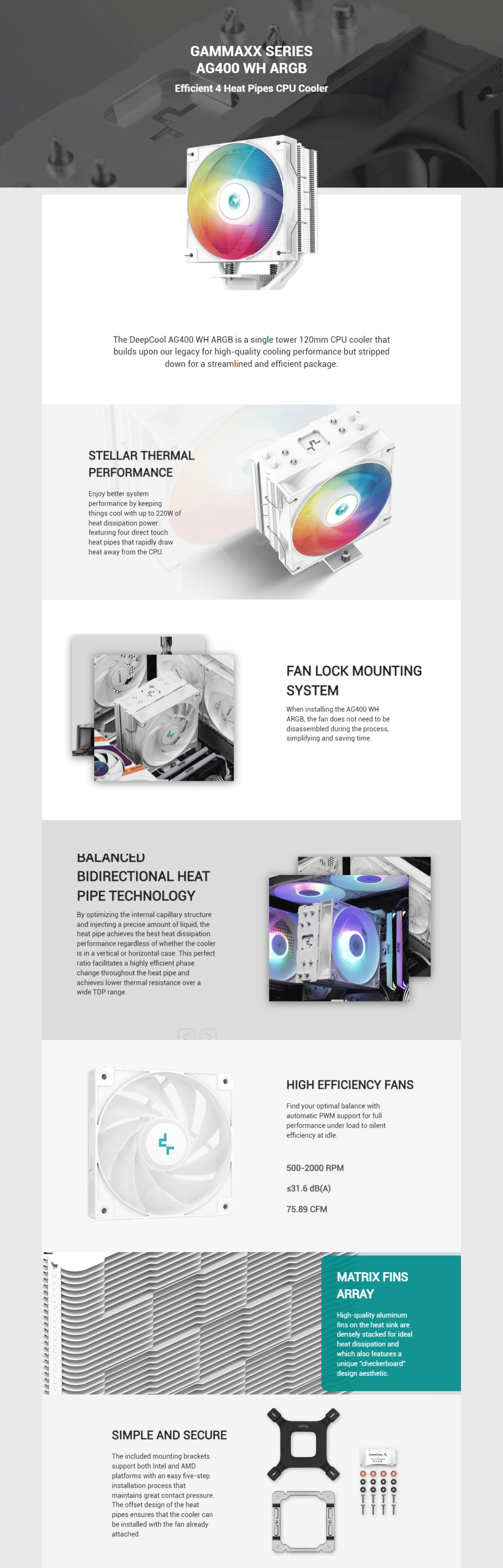 Deepcool AG400 White ARGB CPU Cooler R-AG400-WHANMC-G-2 | CA