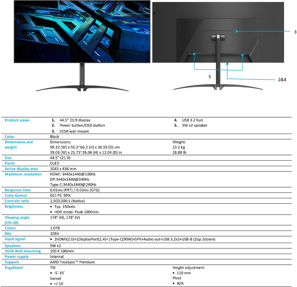 45" Acer Predator X45 240Hz UWQHD 0.3ms OLED FreeSync Gaming Monitor | CA