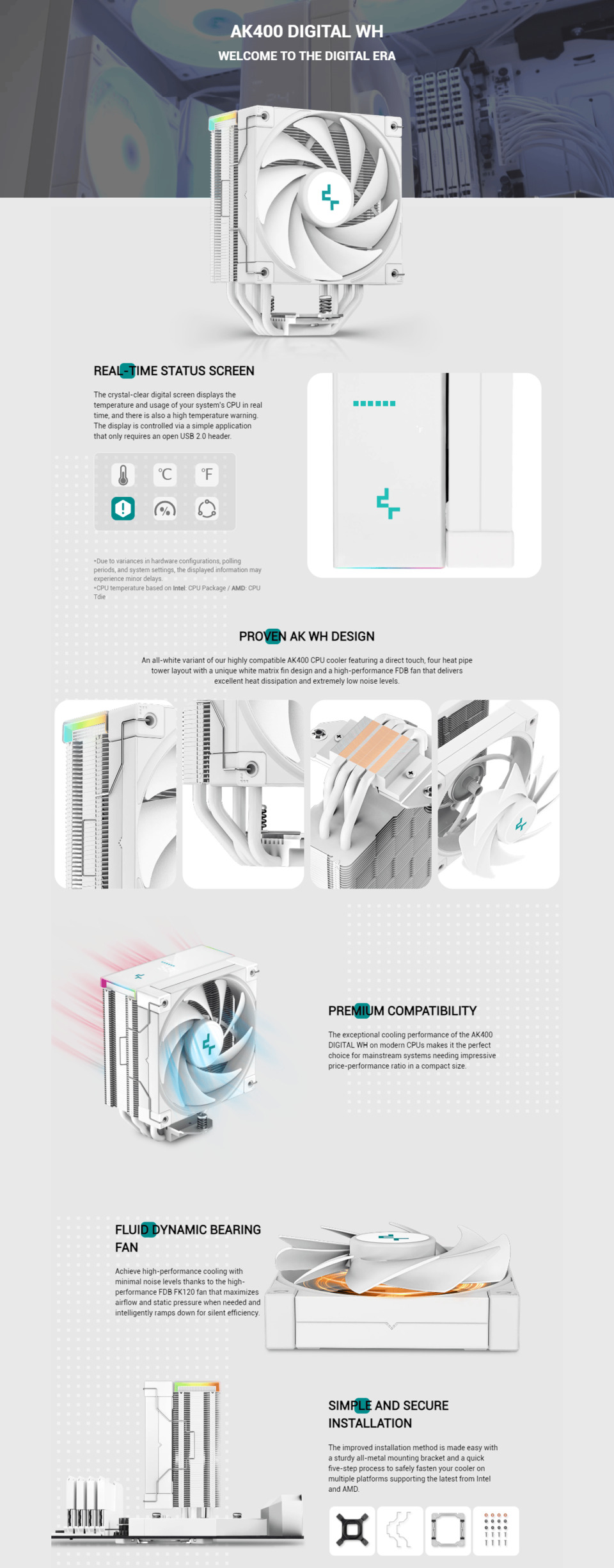 Deepcool AK400 Digital White CPU Cooler R-AK400-WHADMN-G | CA