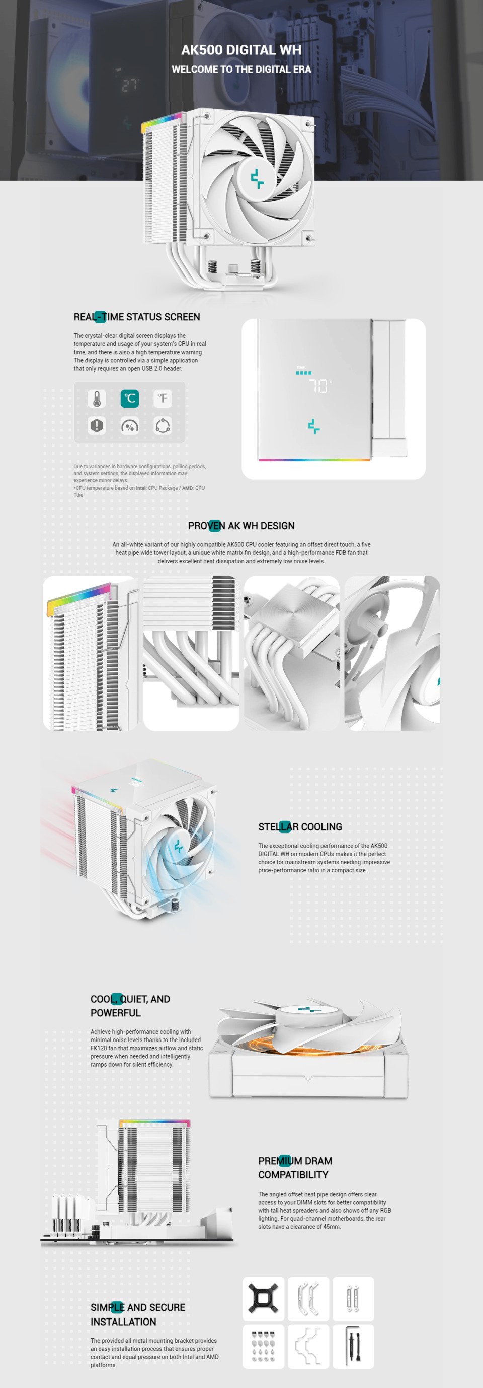 Deepcool AK500 Digital White CPU Cooler R-AK500-WHADMN-G | CA