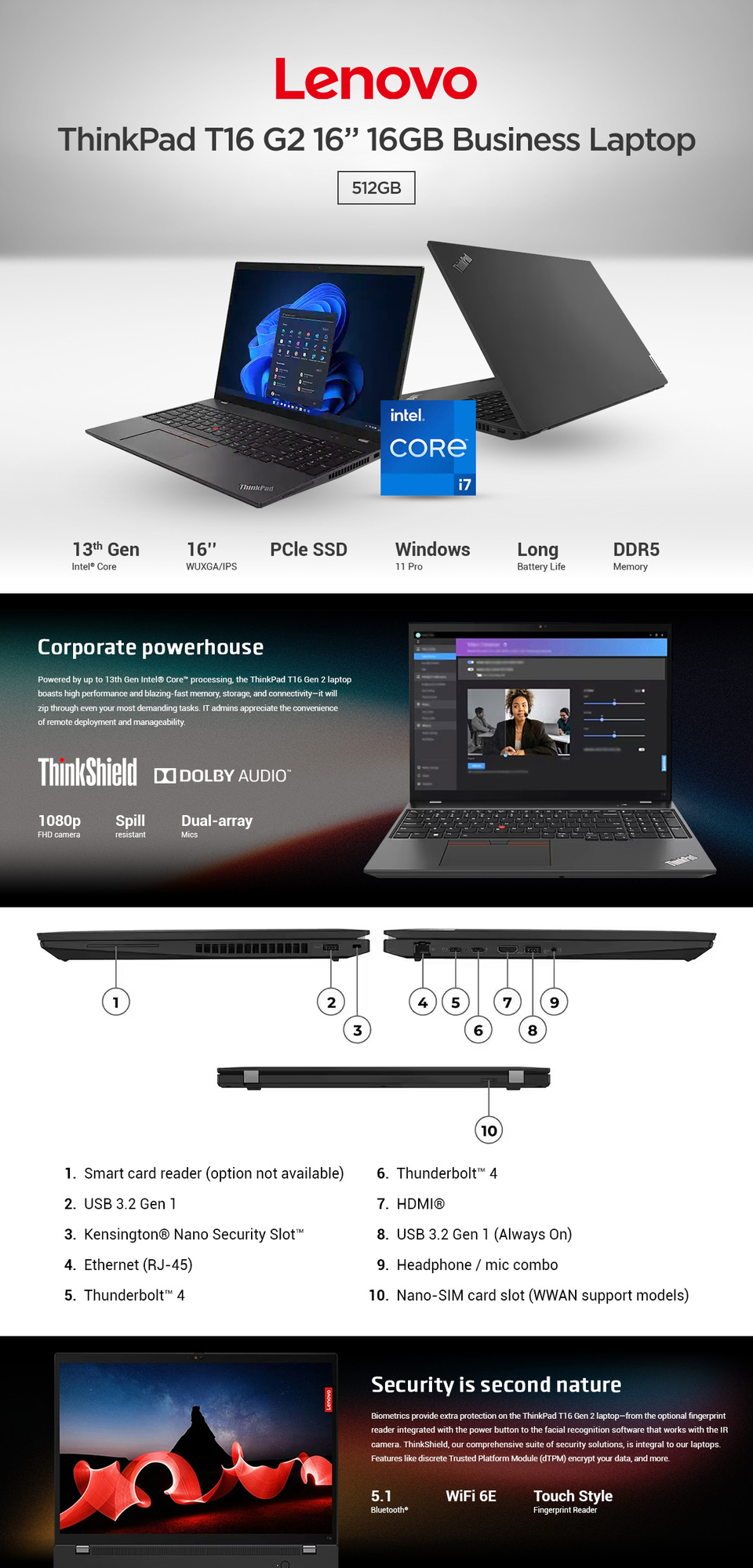 Lenovo ThinkPad T16 Gen2 16" Touch Core i7 Laptop Win 11 Pro 21HH000UAU ...