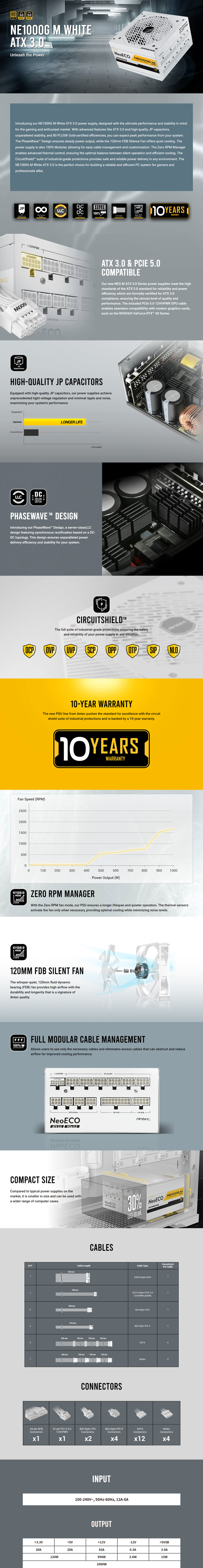 1000 Watt Antec NE1000G M ATX3.0 White Modular 80 Plus Gold Power ...