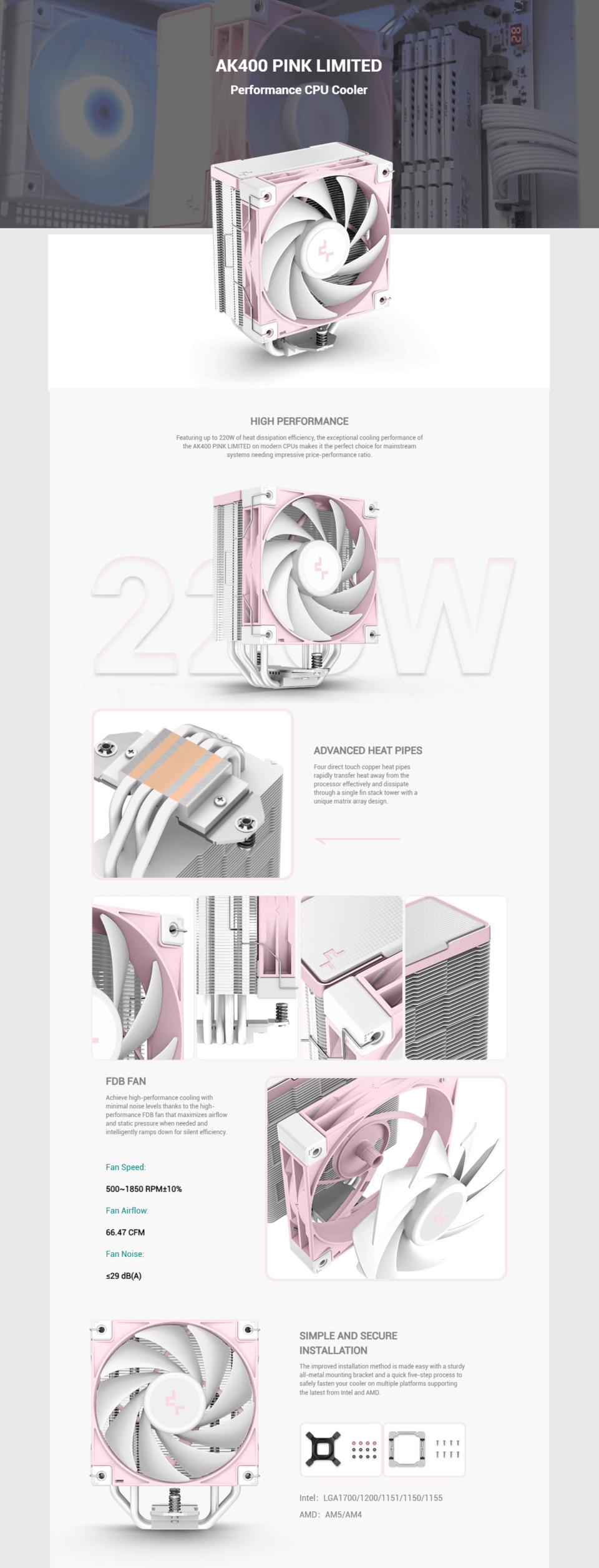 Deepcool AK400 Pink CPU Cooler R-AK400-WPNPMN-G | Computer Alliance