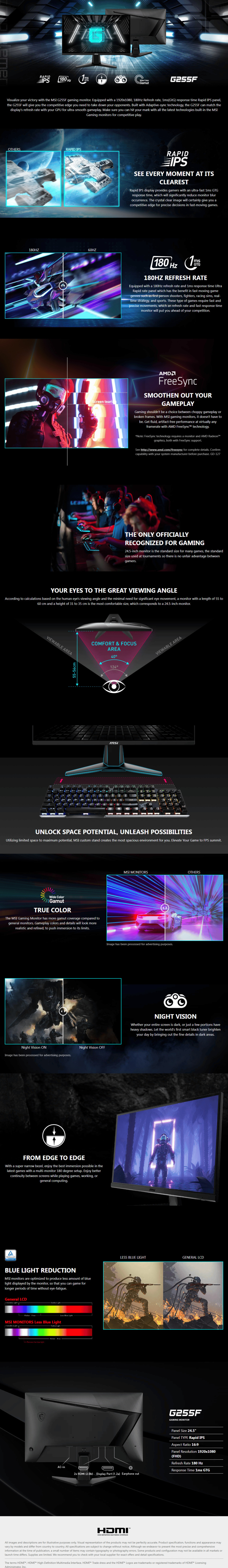 25" MSI G255F FHD 180Hz Rapid IPS Gaming Monitor | Computer Alliance