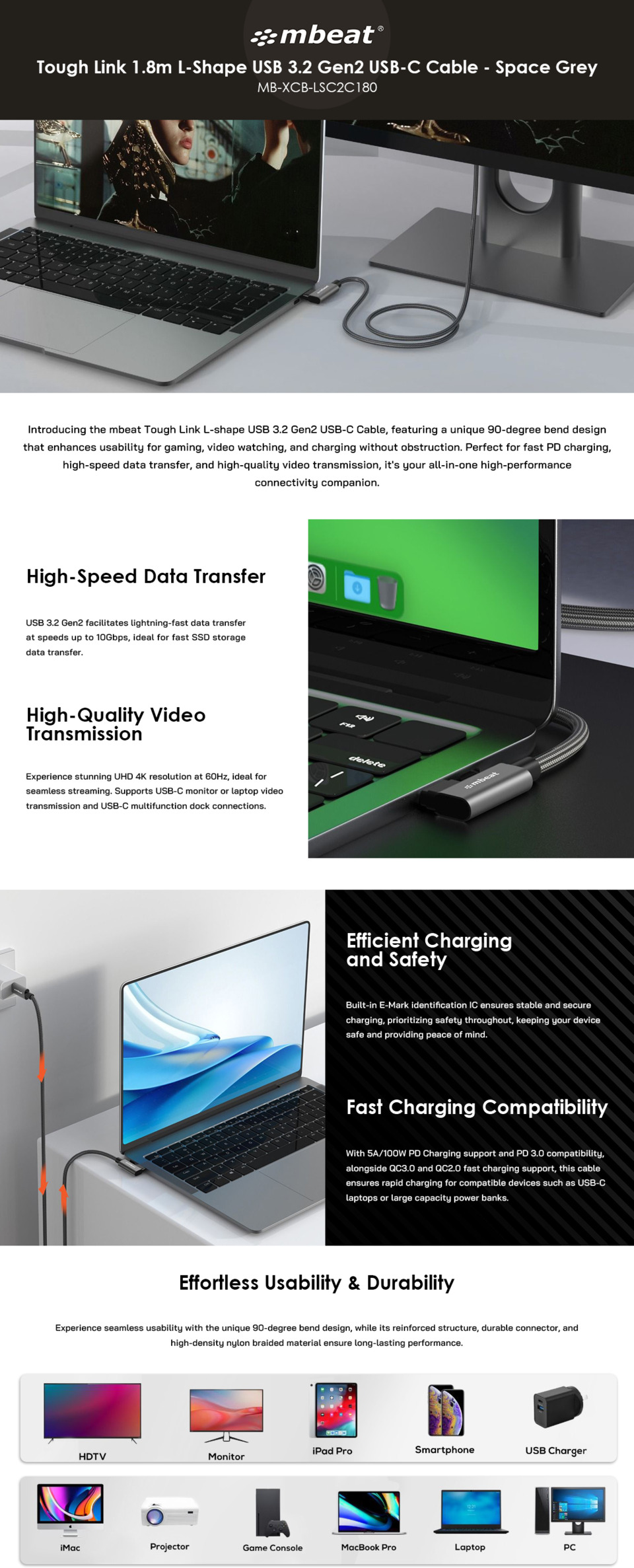 mbeat ToughLink L-shape USB 3.2 Gen2 4K 100W 10Gbps USB-C Cable | CA