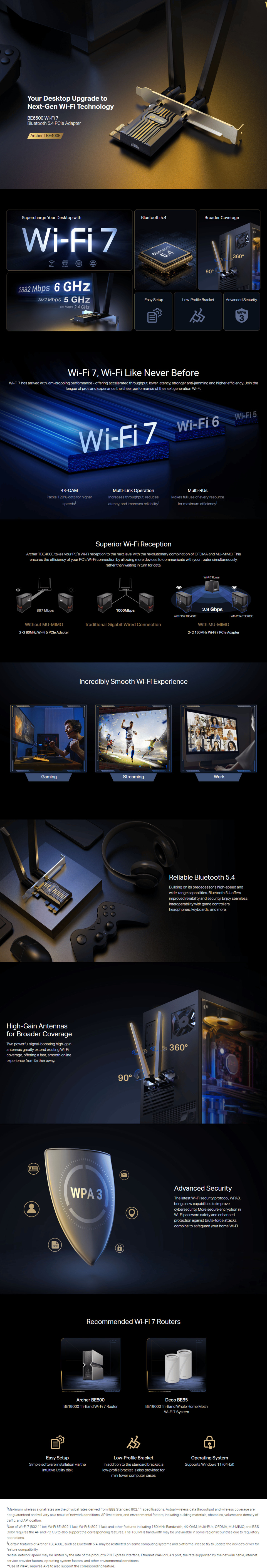 TP-Link Archer TBE400E BE6500 Wi-Fi 7 Bluetooth 5.4 PCIe Adapter | CA