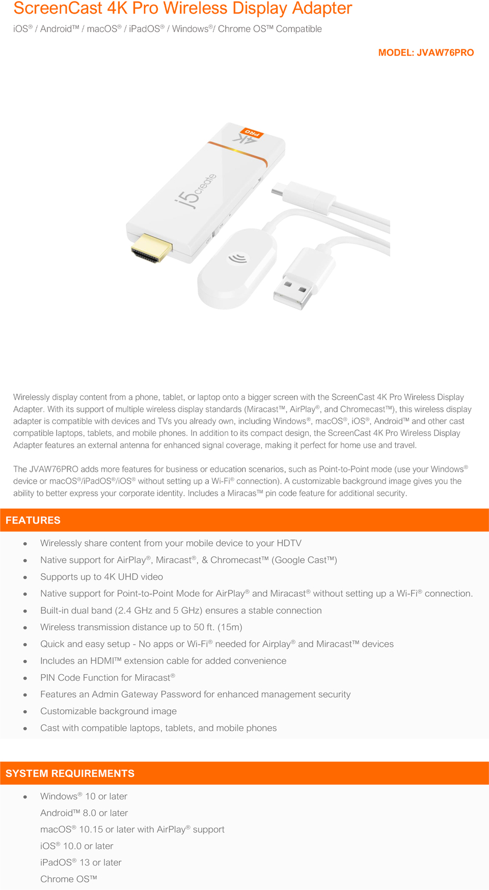 J5create JVAW76PRO ScreenCast 4K Wireless Display Adapter | CA