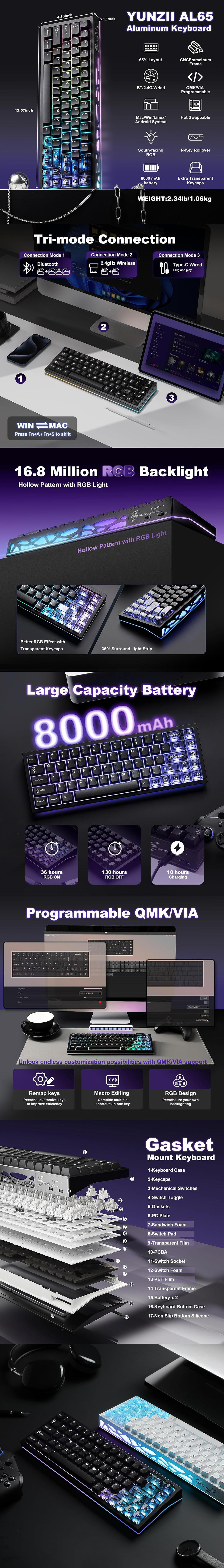 YUNZII AL65 QMK/VIA Wireless Linear Mechanical Keyboard Black Hollow | CA