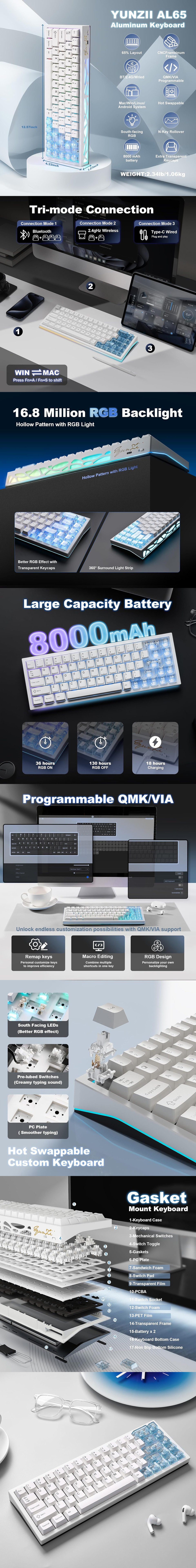 YUNZII AL65 QMK/VIA Wireless Linear Mechanical Keyboard White Hollow | CA