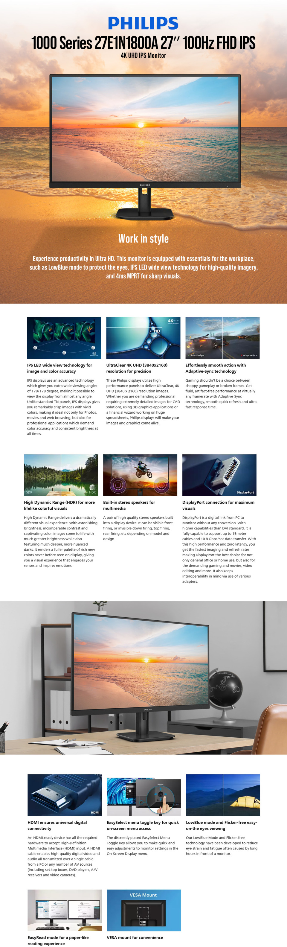 27" Philips 27E1N1800A 4K UHD 60Hz IPS Monitor with Speakers | CA