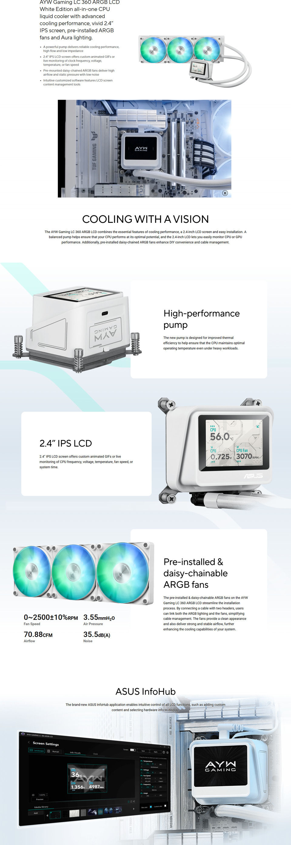 360mm ASUS AYW Gaming LC 360 ARGB CPU Liquid Cooler with Display White | CA