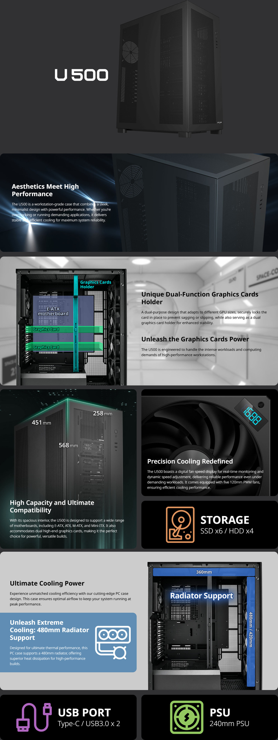 FSP U500 E-ATX Workstation Case Black | Computer Alliance