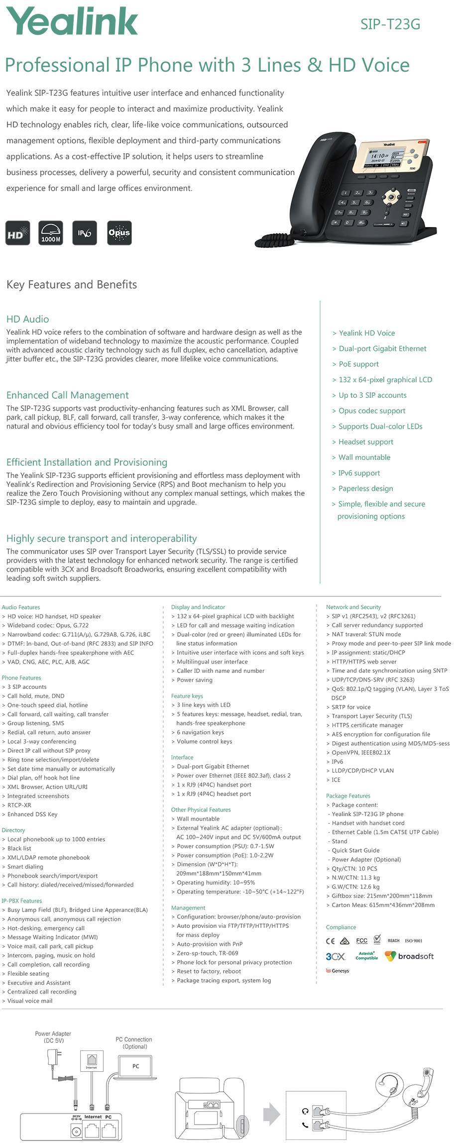 Yealink SIP-T23G 3 Line GbE IP Dual Gigabit Ports Gigabit & PoE Phone | CA