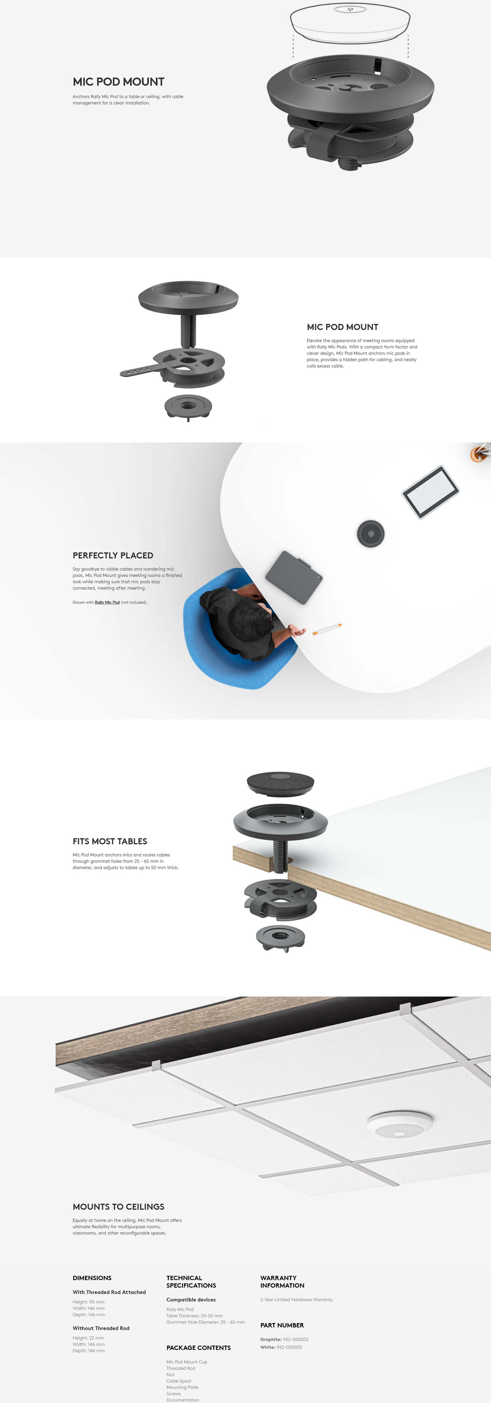 Logitech Rally Mic Pod Mount (Ceiling and Table) - White | CA