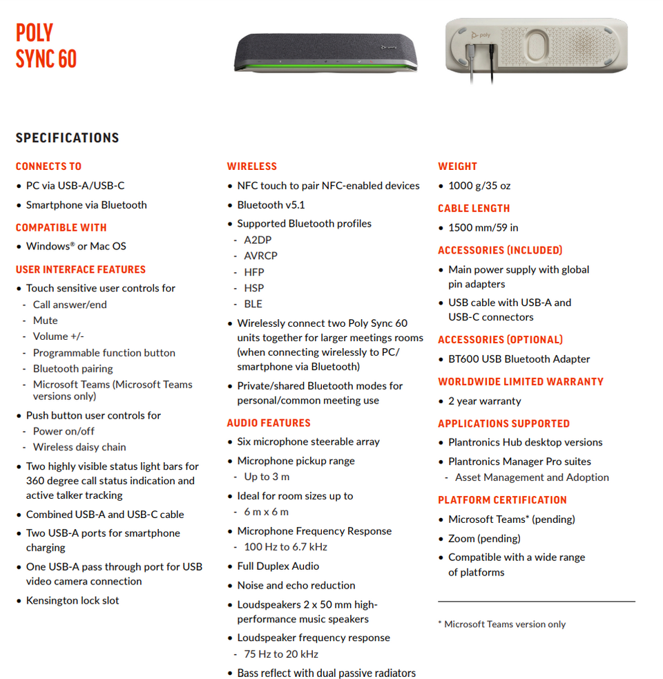 Poly Sync60 Teams Smart Speakerphone for Conference Rooms 216873-01 | CA