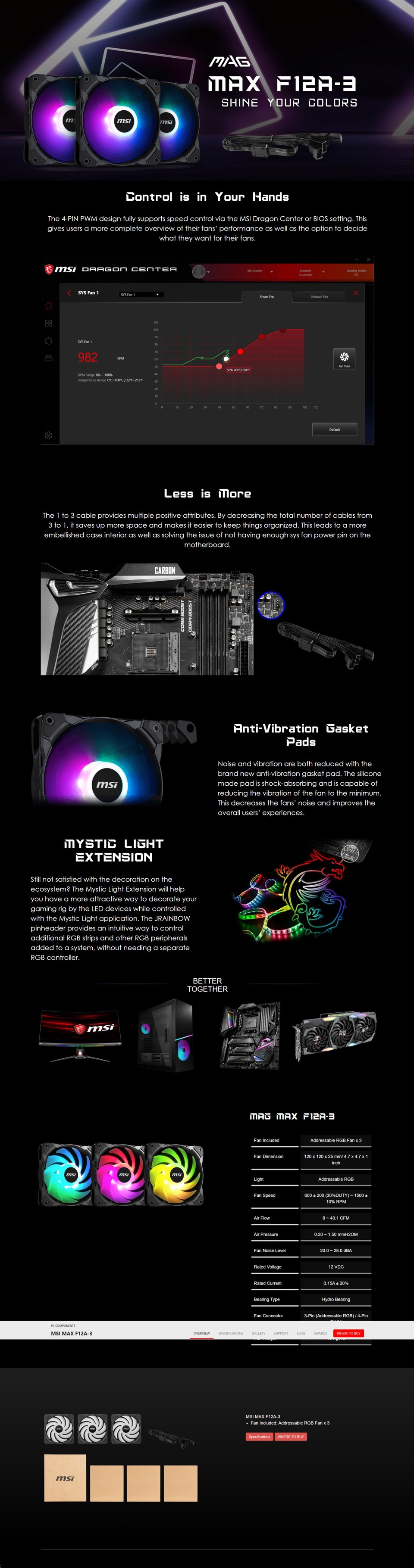3 x 120mm MSI MAG MAX ARGB Case Fans with 1-to-3 splitter FAN-MSI-F12A ...