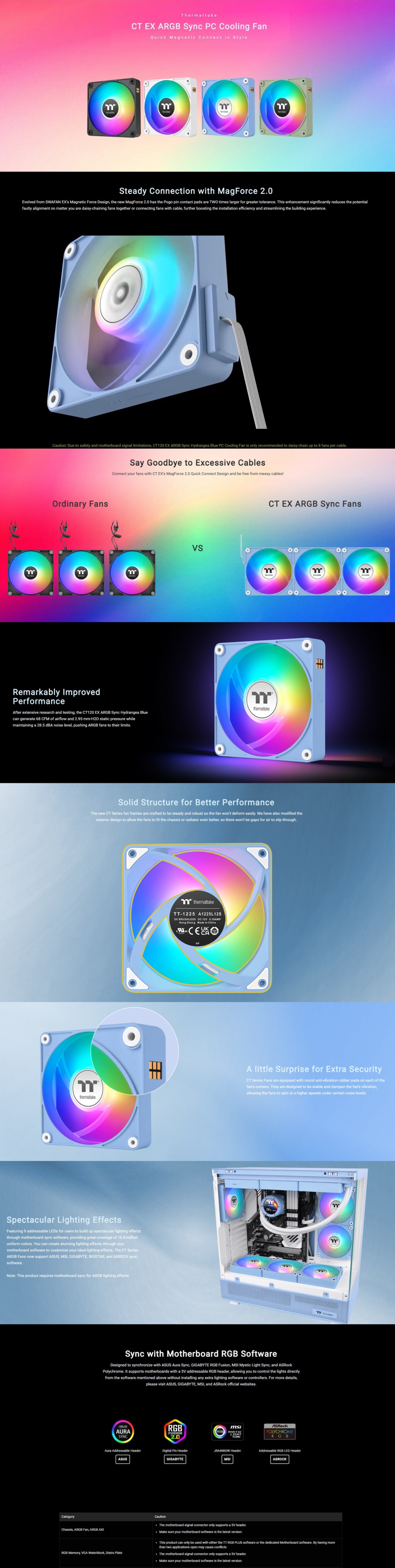 120mm Thermaltake CT120 EX ARGB Magnetic Connect Case Fan Hydrangea ...