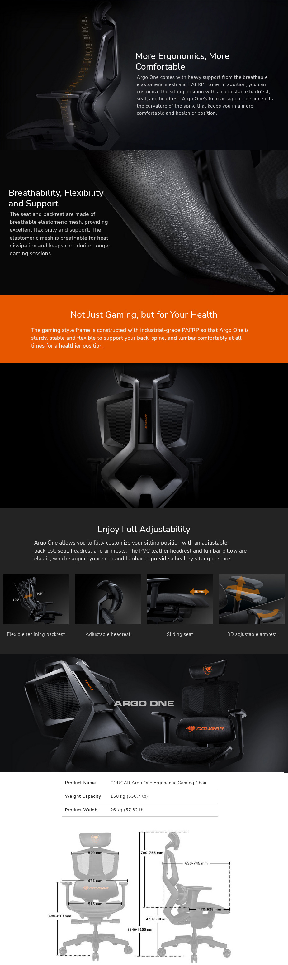 Cougar Argo One Ergonomic Gaming Chair With Lumbar Support Black ARGO ...