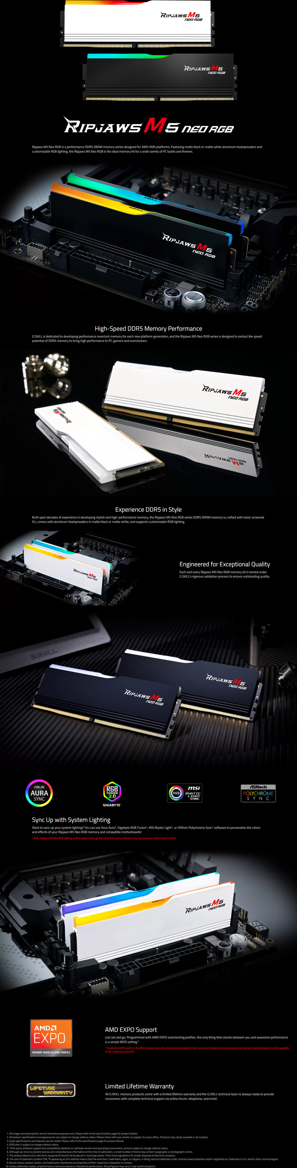 32GB DDR5 (2x16GB) G.Skill 6000MT/s CL36 Ripjaws M5 Neo RGB EXPO RAM ...