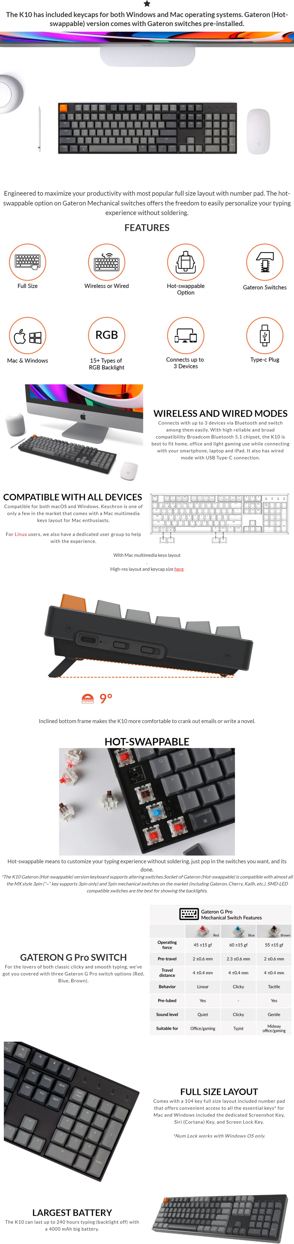 Keychron K10 RGB Tactile-Brown Wireless Mechanical Gaming Keyboard ...