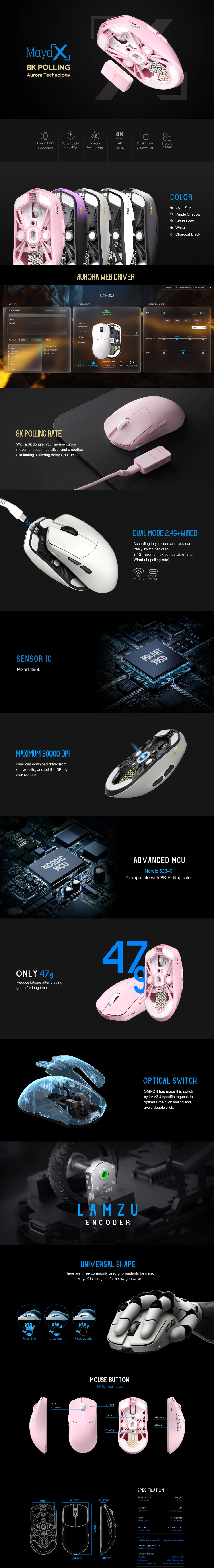 LAMZU MAYA X 8K Lightweight Wireless Gaming Mouse Pink | Computer Alliance