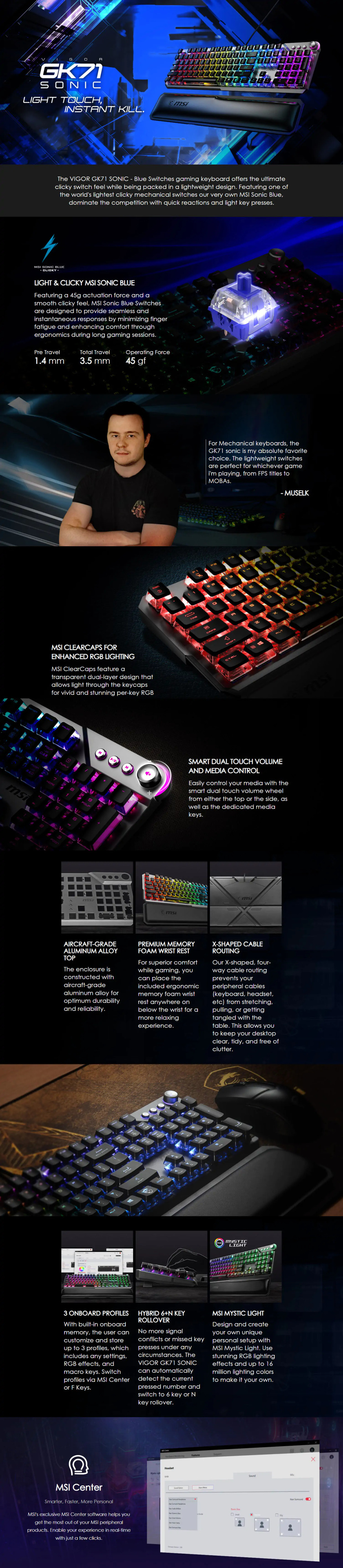 MSI VIGOR GK71 SONIC Blue Switch Gaming Keyboard | Computer Alliance