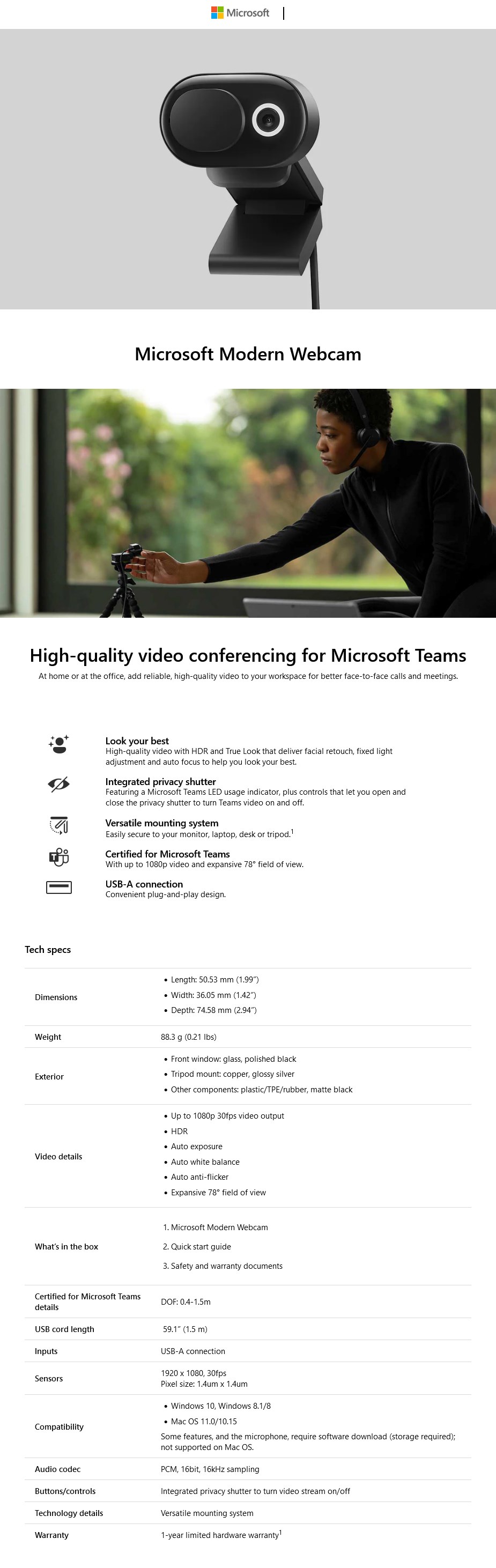 Microsoft Modern 1080P HD USB Webcam 8L3-00009 | Computer Alliance