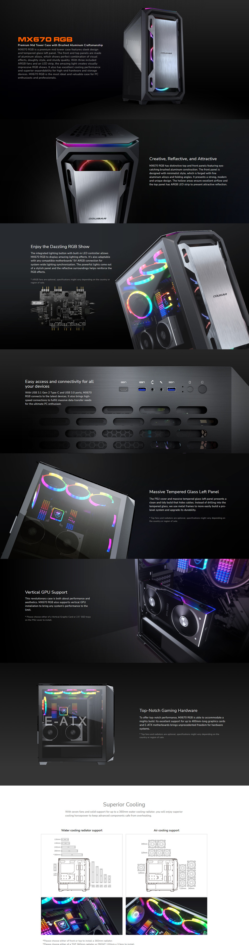 Cougar E-ATX MX670 RGB Brushed Aluminum Tempered Glass Case Black CGR ...