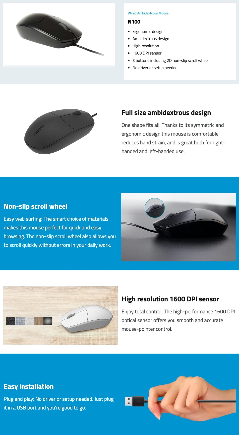 Rapoo N100 Wired USB Optical Mouse N100-BK | Computer Alliance