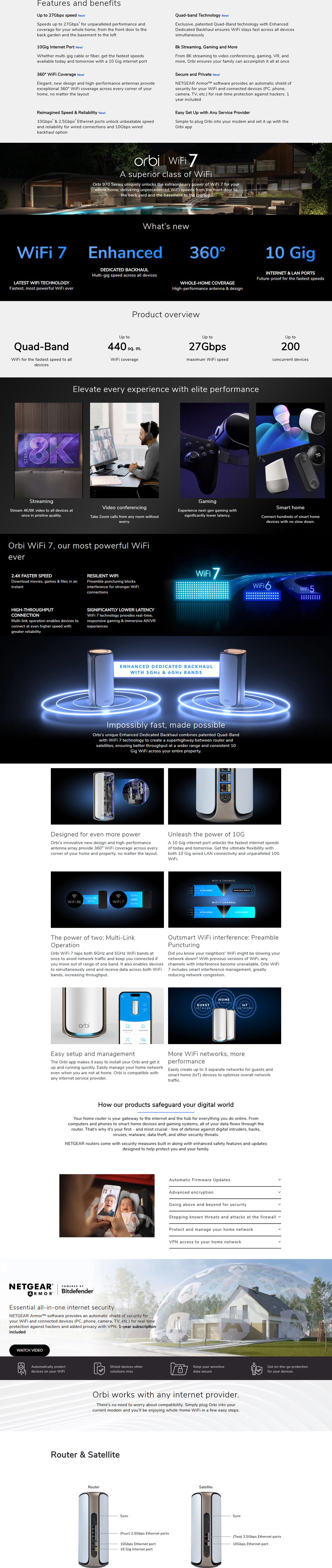 NETGEAR Orbi RBE972S-100APS WiFi 7 BE27000 Quad-band Mesh System 2 Pack ...