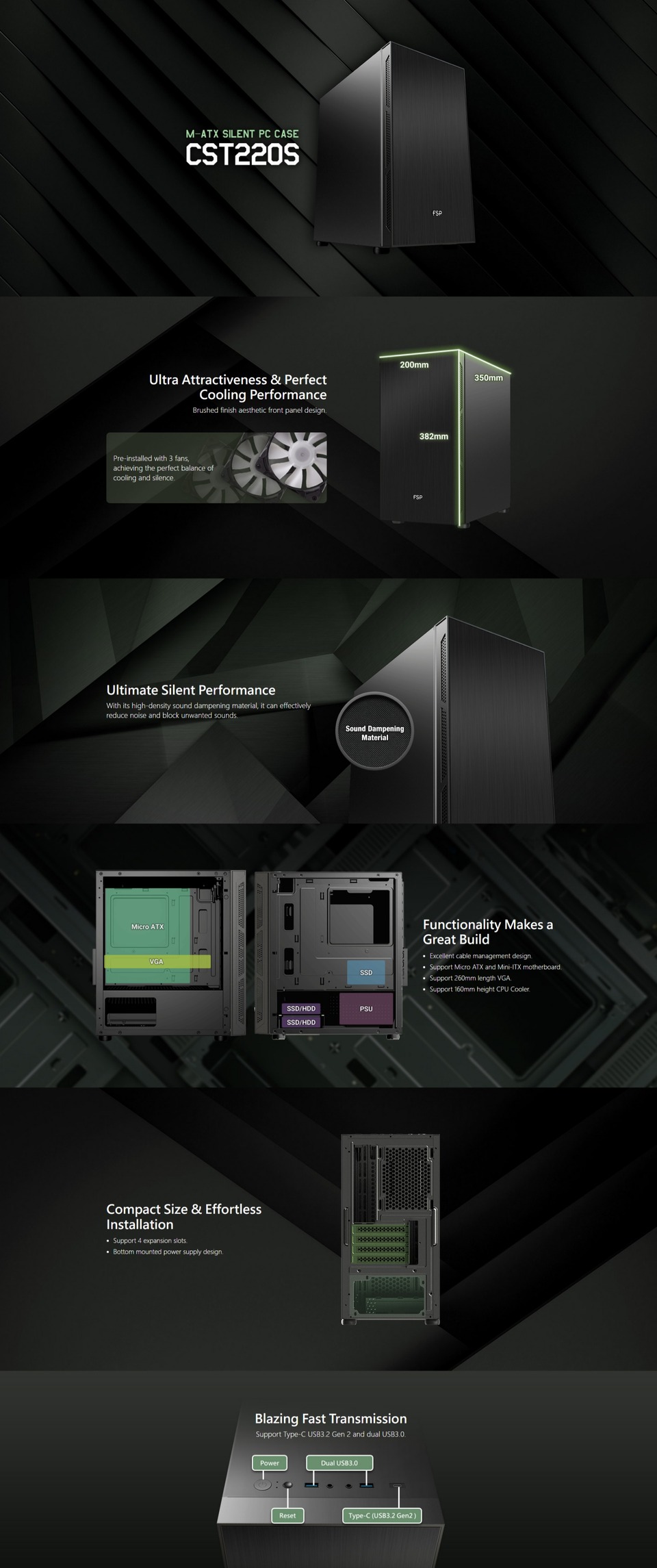 FSP CST220S Silent MicroATX Case with 550w PSU Black | Computer Alliance