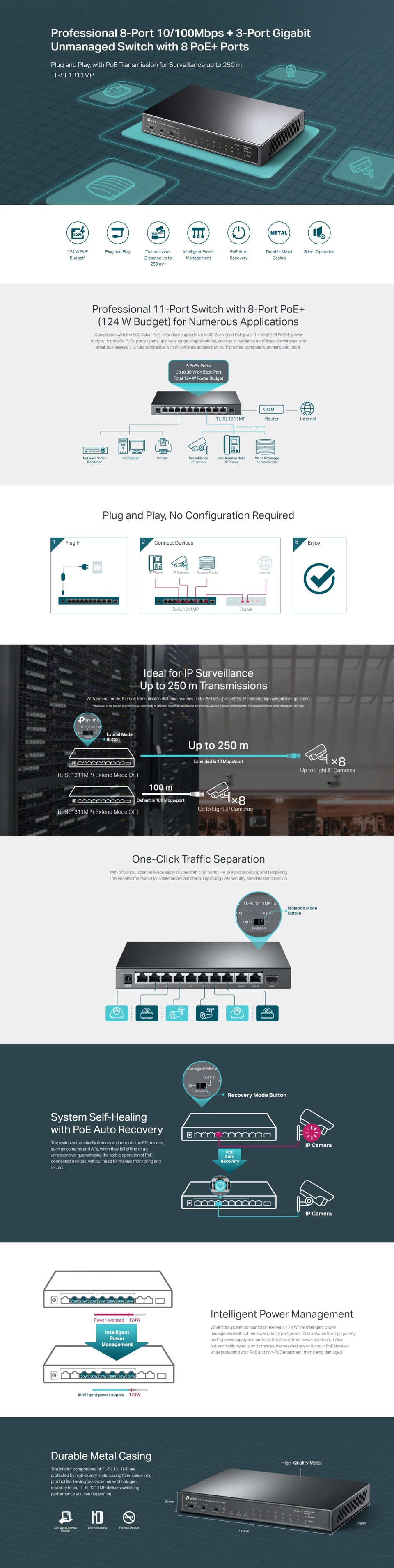 8 Port TP-Link TL-SL1311MP 10/100Mbps + 3-Port Gigabit Desktop Switch ...