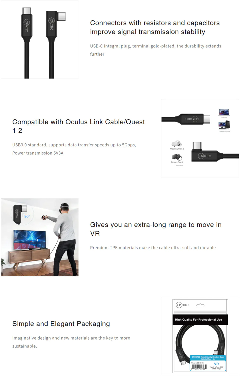 Cruxtec VCC-05-BK 5m USB-C to USB-C 90 degree angle VR Cable | CA