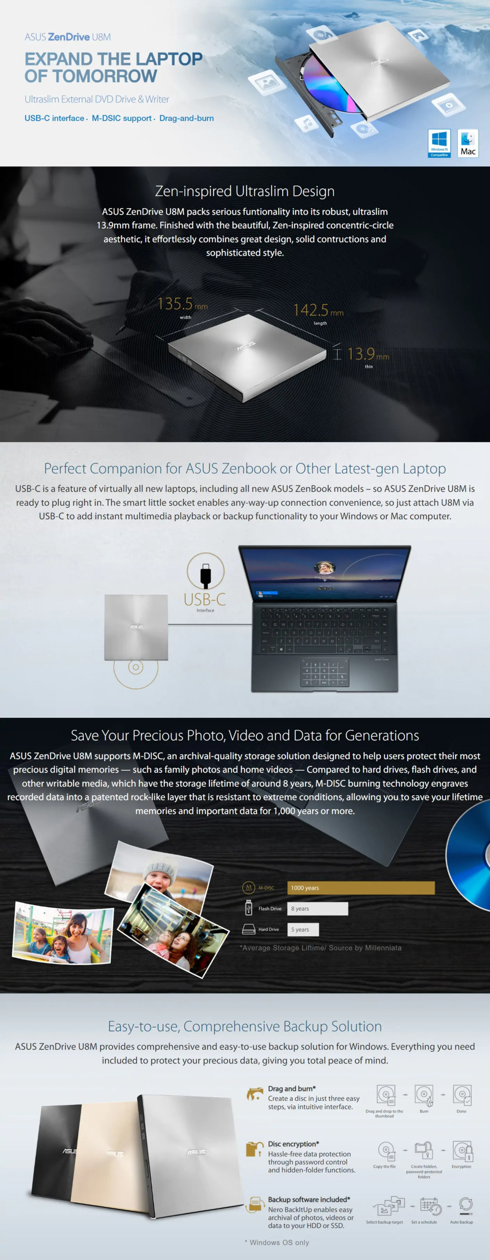 ASUS USB Type-C External ZenDrive U8M Slim DVD Writer Black | CA