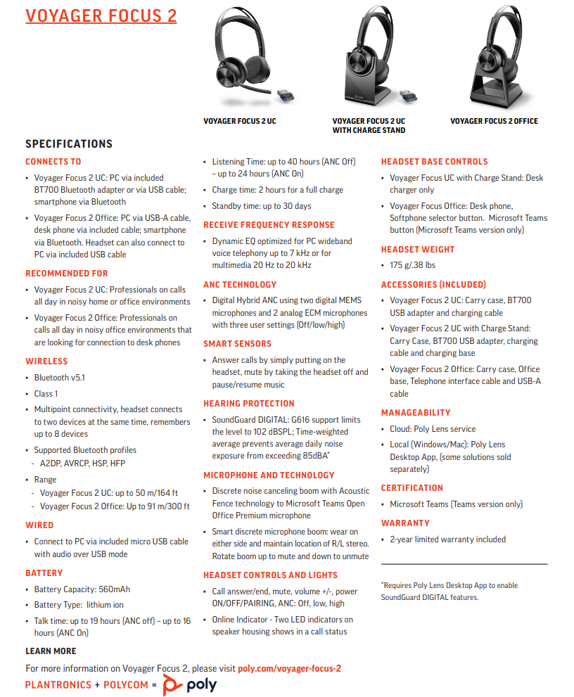 Poly Voyager Focus 2 UC Teams Stereo Bluetooth Headset USB-A | CA