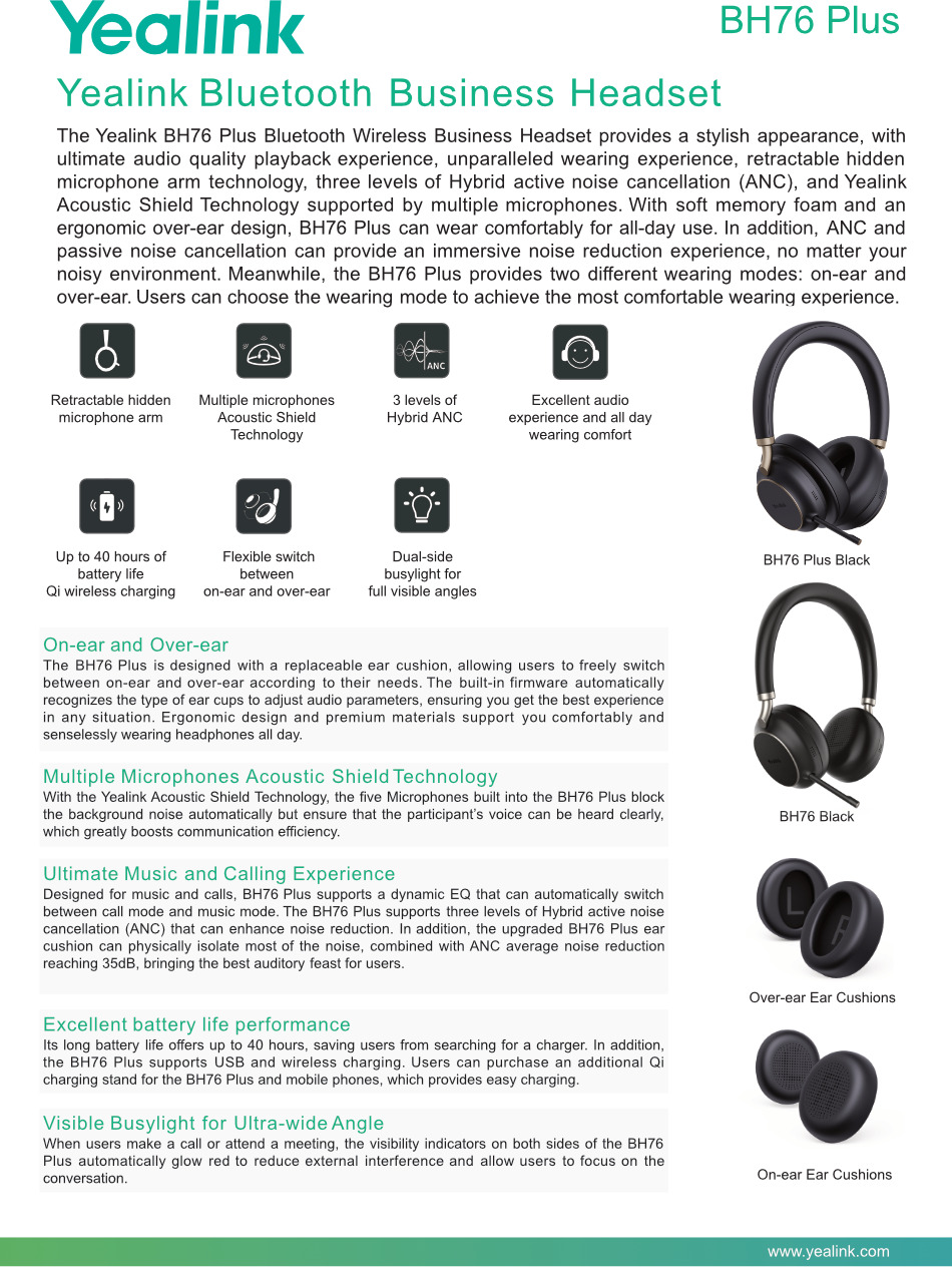 Yealink BH76 Plus Teams USB-C/A Wireless ANC Bluetooth Headset | CA