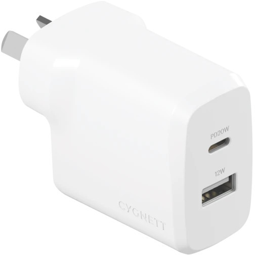 Cygnett PowerPlus 32W Dual Port (20W USB-C + 12W USB-A) PD Fast Wall ...