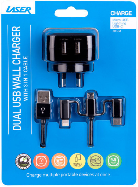 Laser Fast Charging Dual USB Charger Black | Computer Alliance